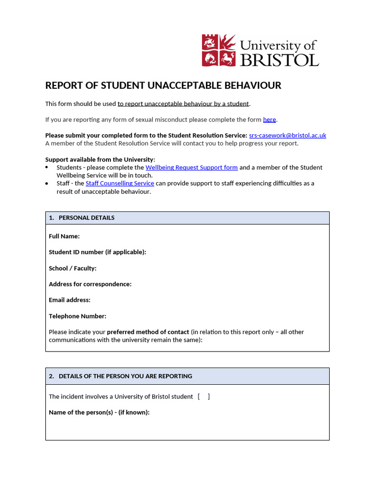 Unacceptable Behaviour Form For Students | PDF