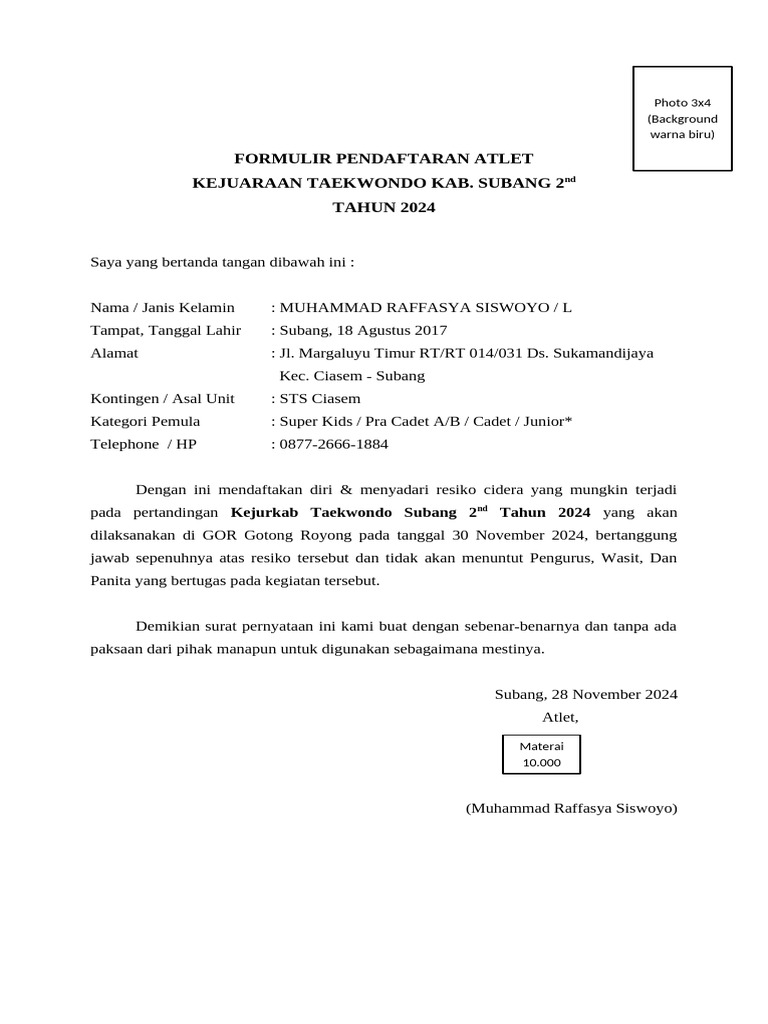 Formulir Pendaftaran Atlet | PDF