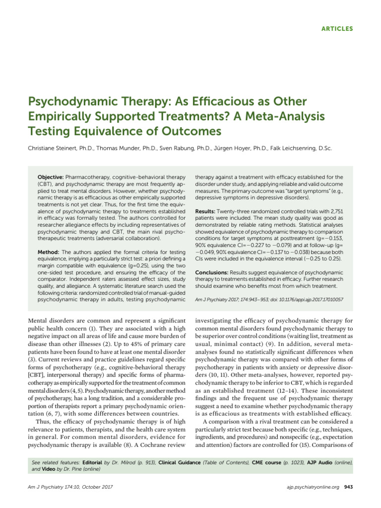 Steinert Et Al 2017 Psychodynamic Therapy As Efficacious As Other ...