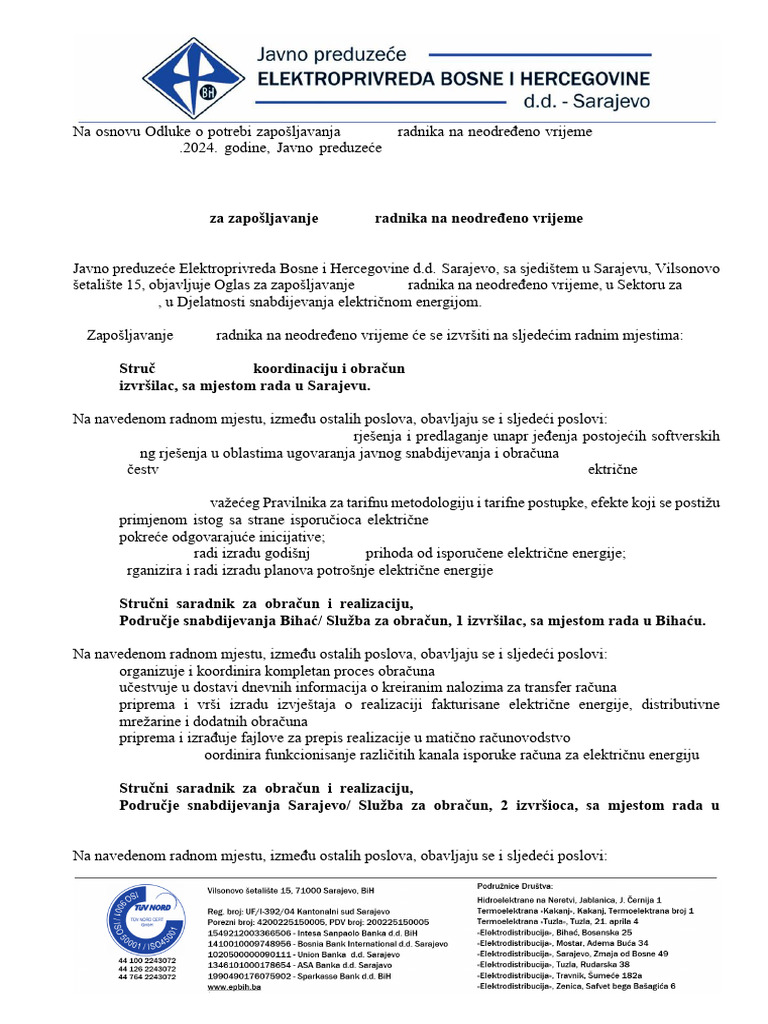 Oglas Za Zaposljavanje Radnika Na Neodredjeno Vrijeme - Djelatnost ...