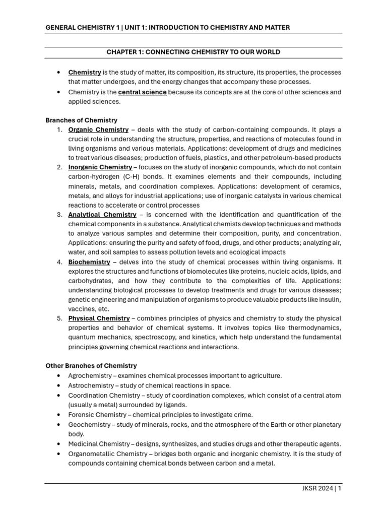 Unit 1 - Introduction To Chemistry and Matter | PDF | Chemistry ...