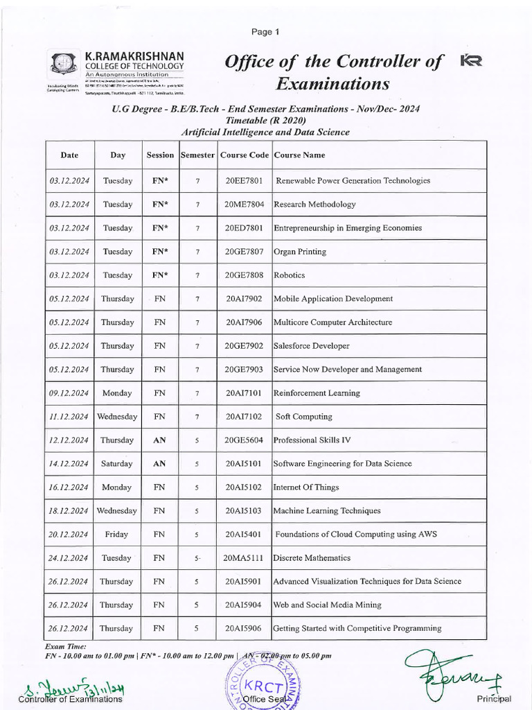 UG-ESE-ND-2024 Time Table (R-2020) - Regular | PDF