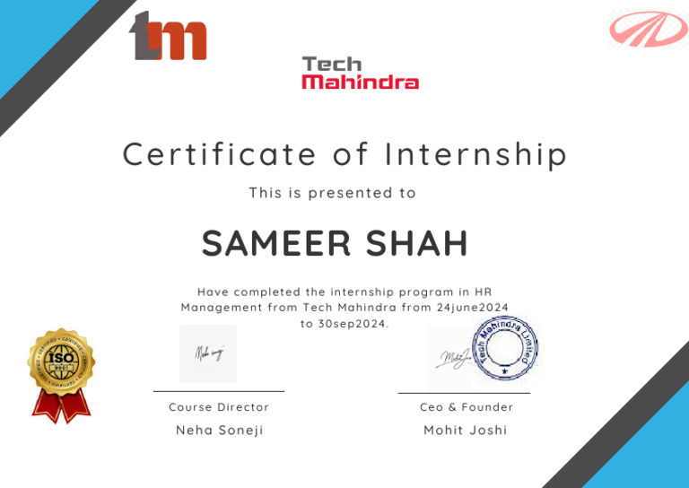 Certificate of Internship: Sameer Shah | PDF