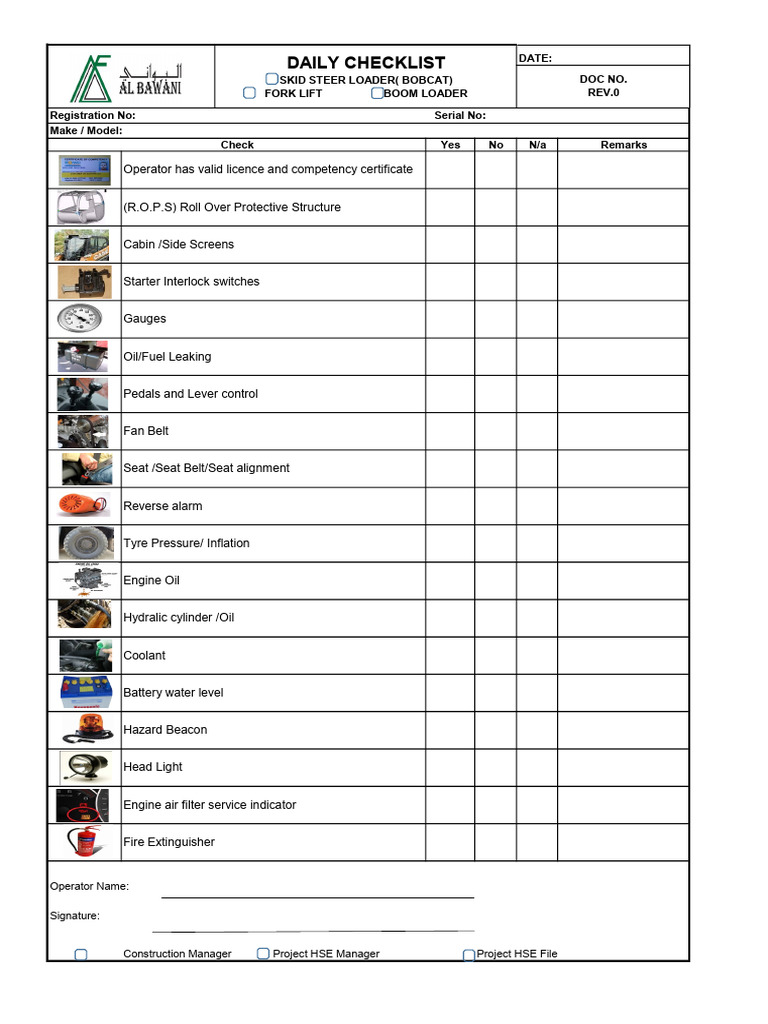 Daily Checklist - Skid Steer-Fork Lift-Boom Loader-With Pic | PDF