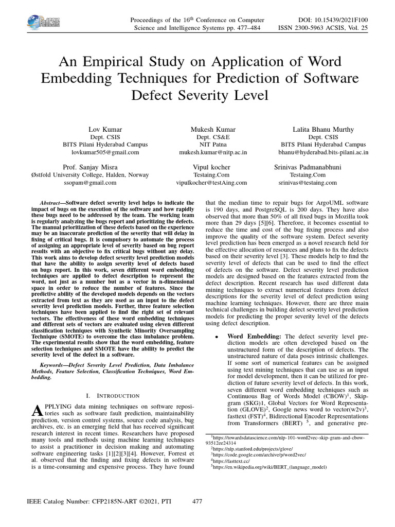 An Empirical Study On Application of Word Embedding Techniques For Prediction of Software Defect ...