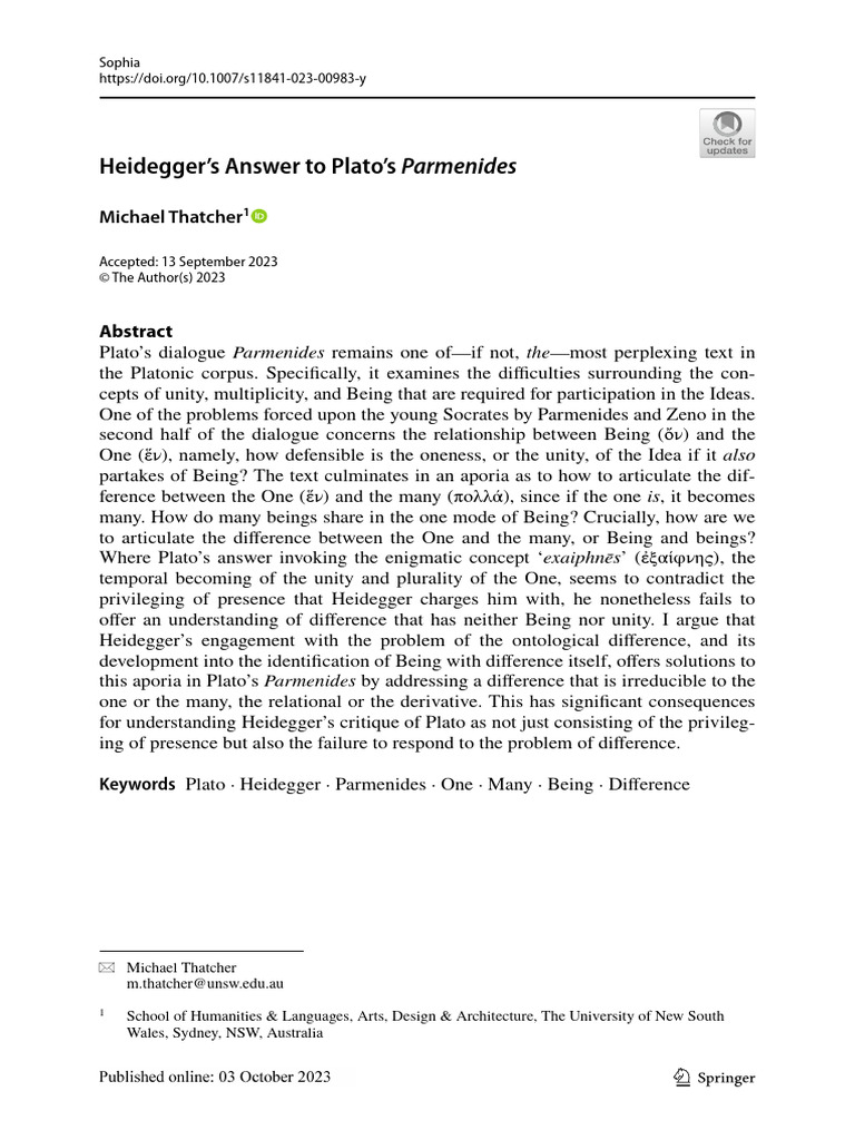 Heidegger on Plato's Parmenides | PDF | Existence | Martin Heidegger