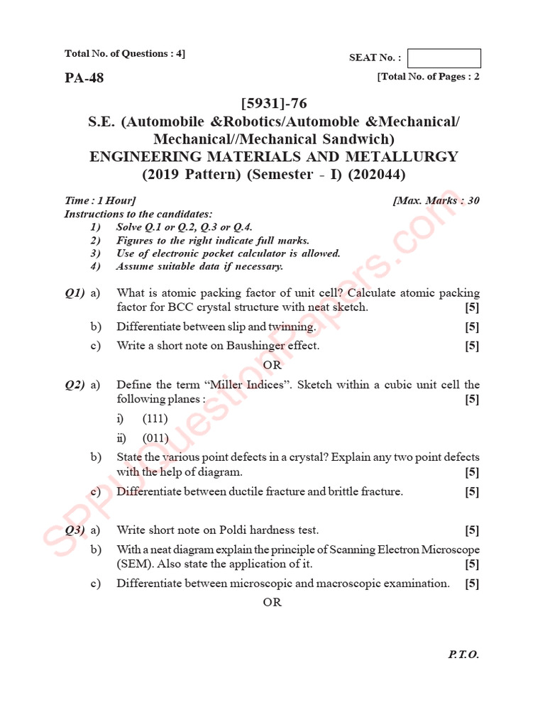 Be Mechanical Engineering Semester 3 2022 October Engineering Materials and Metallurgy Emm ...