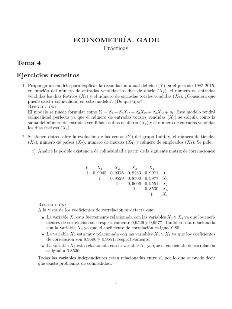 Colinealidad en Modelos Econométricos | PDF | Mínimos cuadrados ordinarios | Multicolinealidad