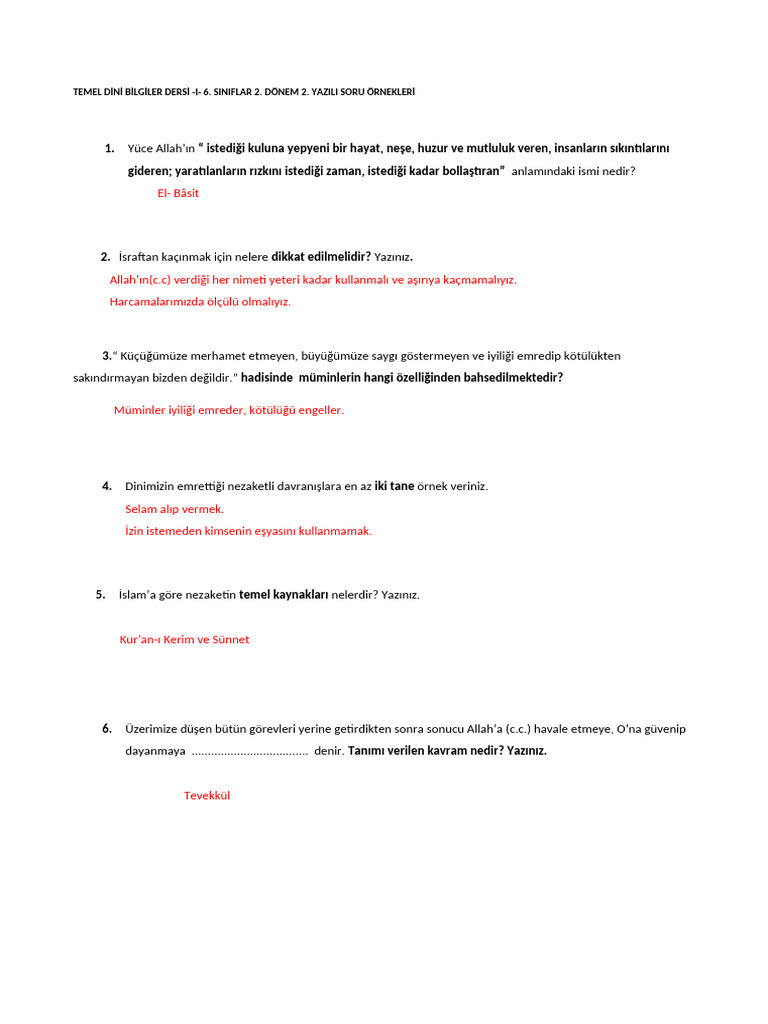 Sınıf TDB Sorular Ve Cevapları X | PDF