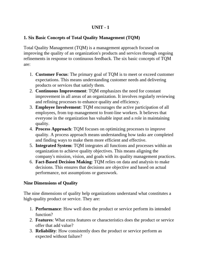 Unit - 1 1. Six Basic Concepts of Total Quality Management (TQM) | PDF | Iso 9000 | Quality ...