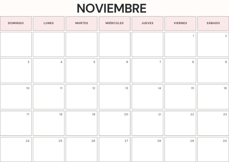 Documento A4 Calendario Mensual Noviembre 2024 Almanaque Imprimible Minimalista Rosa | PDF