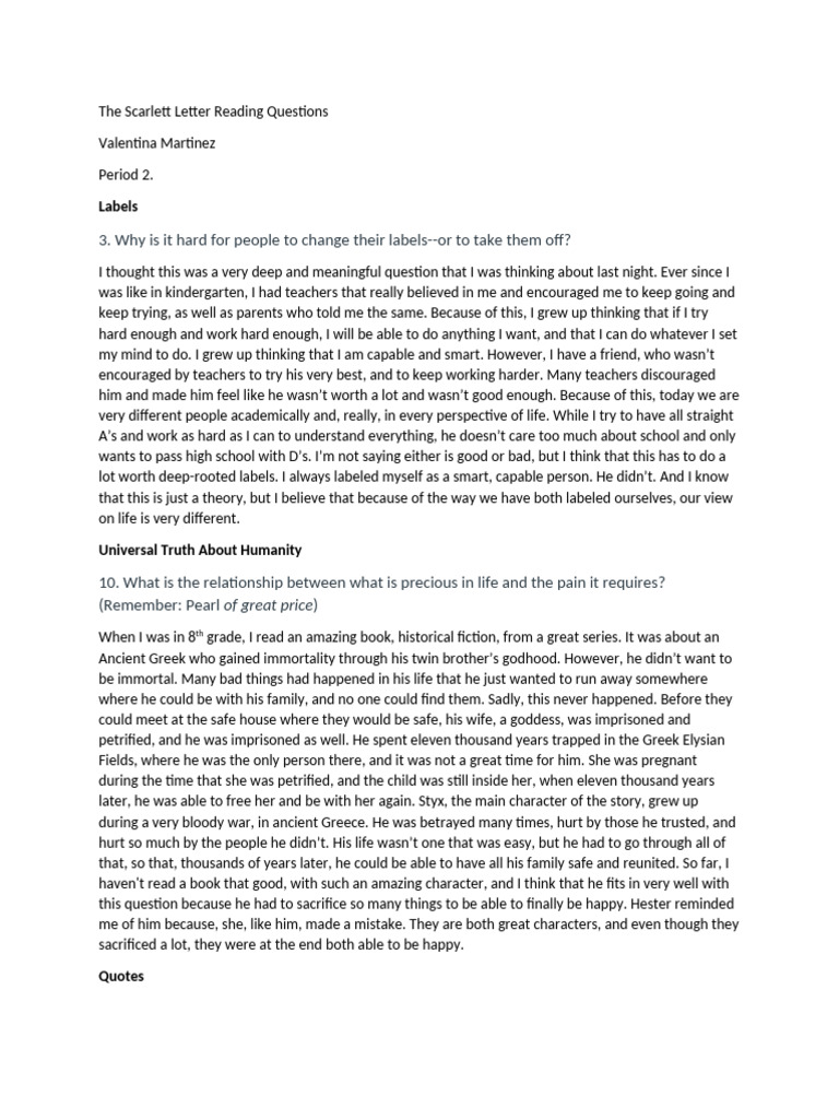 The Scarlet Letter Reading Questions | PDF