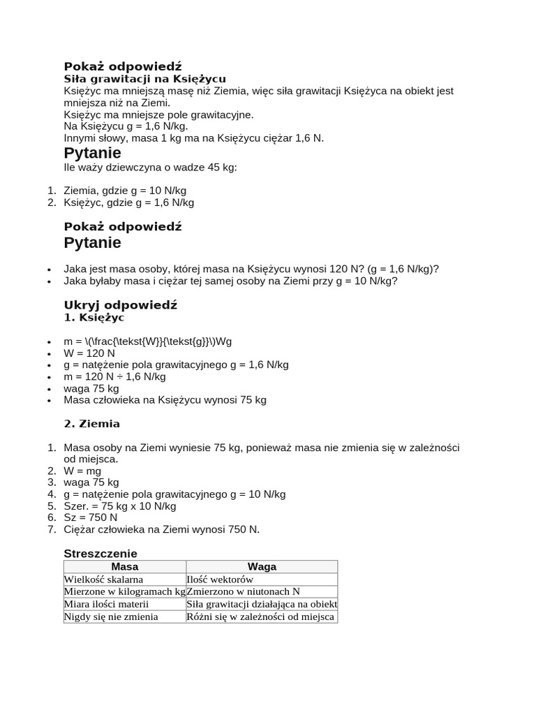 Masa I Cięzar Przykłady Zadan | PDF