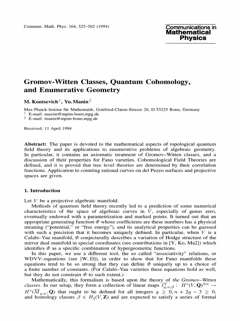Gromov-Witten Classes, Quantum Cohomology, and Enumerative Geometry ...