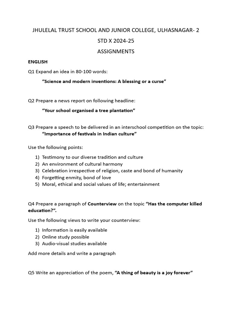 STD X 2024 - 25 Assignments | PDF