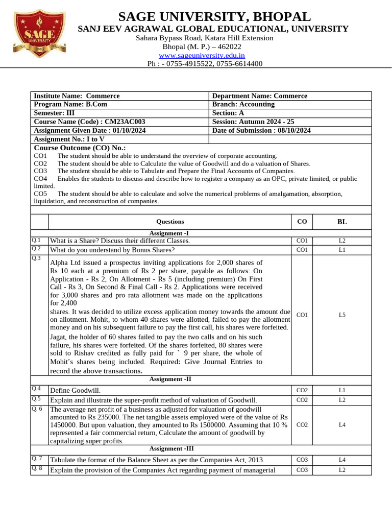 Corporate Accounting 3rd Sem Assignment | PDF | Goodwill (Accounting) | Valuation (Finance)