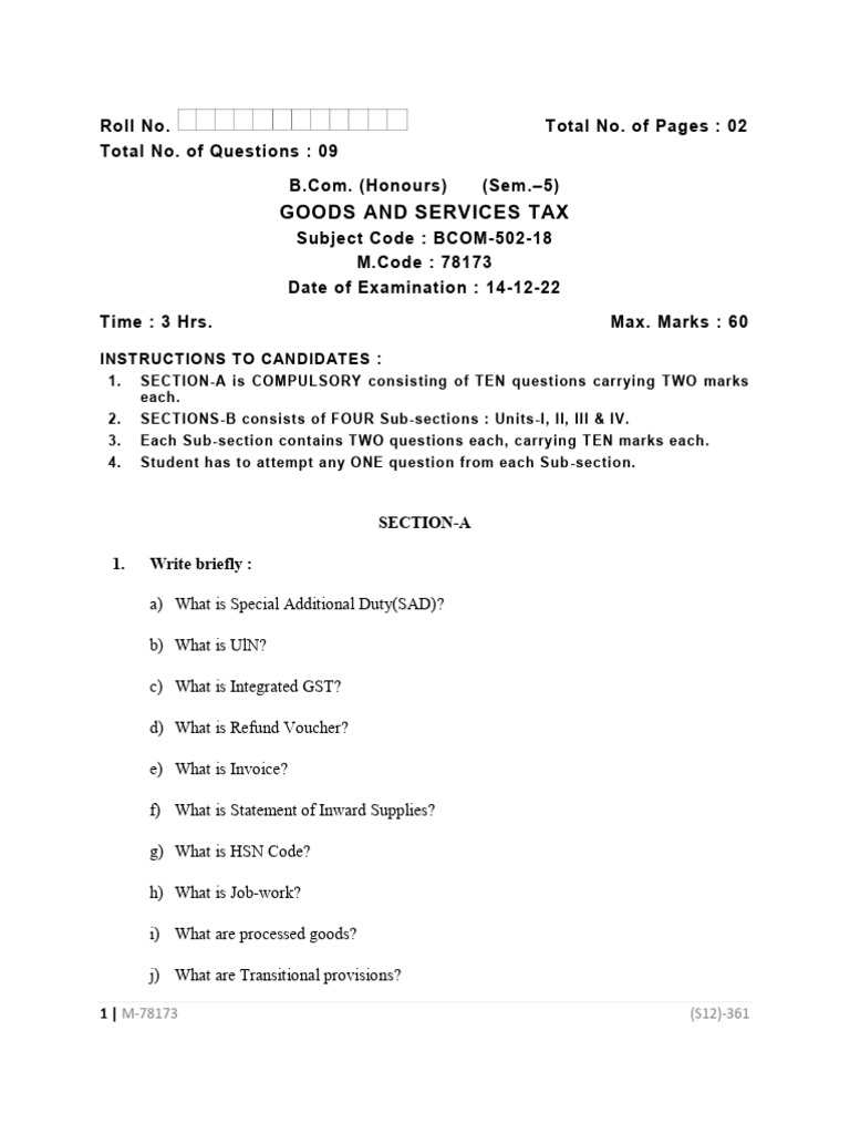 Bcom 5 Sem Hons Goods and Services Tax 78173 Dec 2022 | PDF