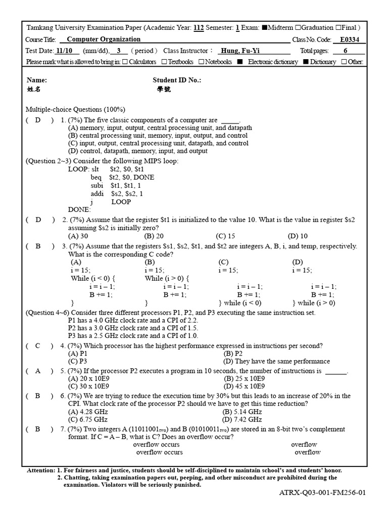 111 Computer Organization - Midterm | PDF | Central Processing Unit | Computer Engineering