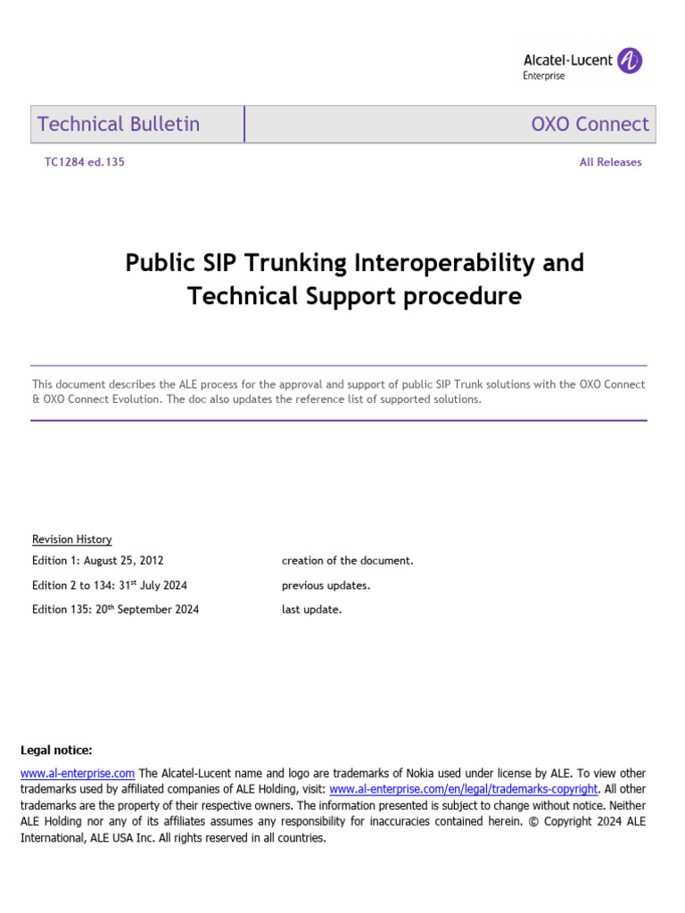 TC1284en-Ed135 OXO Connect Public SIP Trunking Interoperability and Technical SupportProcedure ...