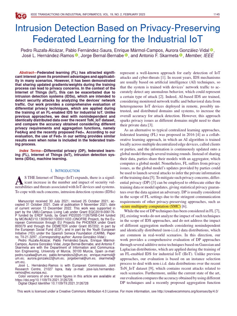 Intrusion Detection Based On Privacy-Preserving Federated Learning For The Industrial IoT | PDF ...