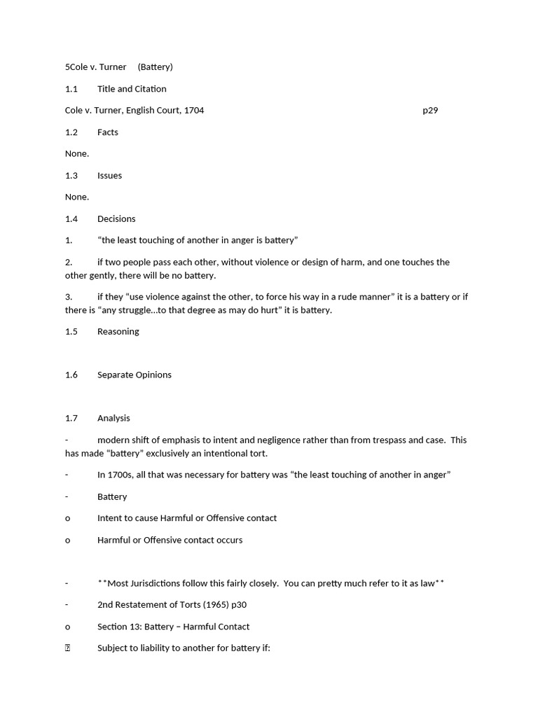 Cole v. Turner: Battery Defined (1704) | PDF