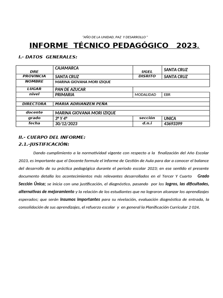 Informe Técnico Pedagógico 2023 - MARINA MORI | PDF | Matemáticas | Aprendizaje