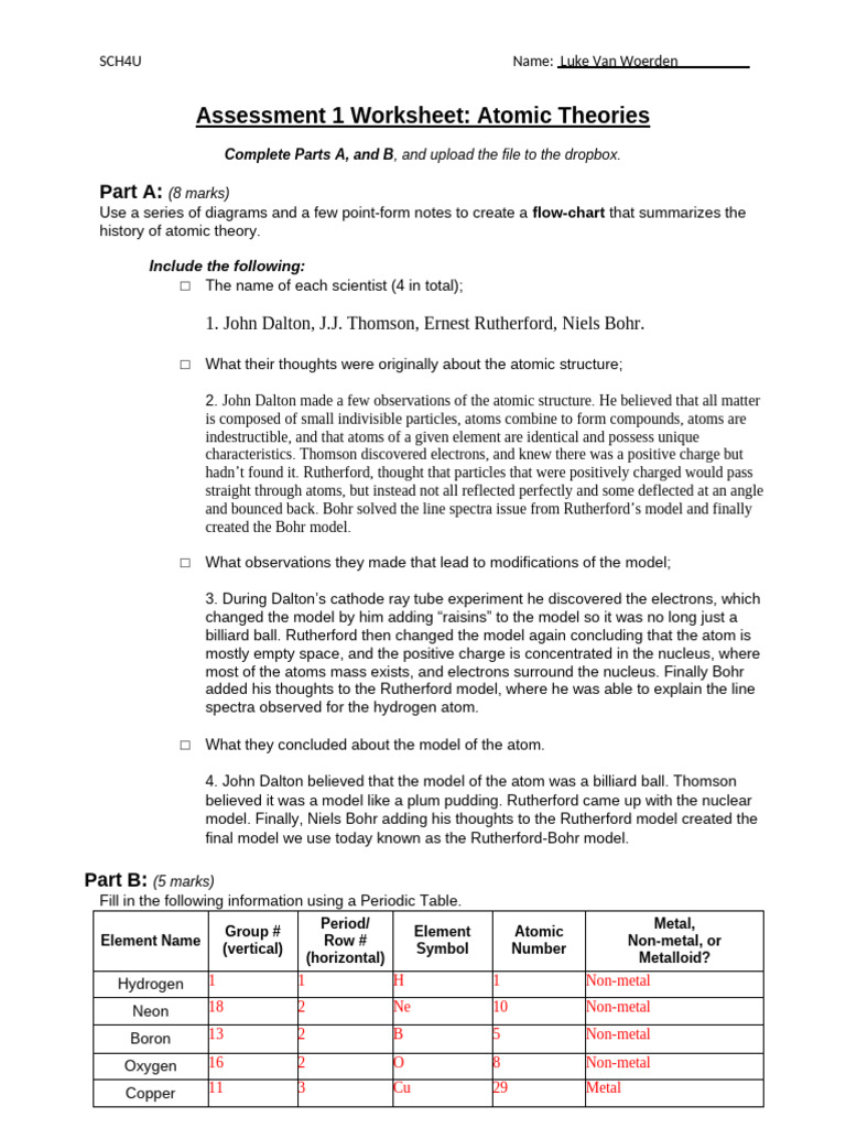 Assessment 1 Worksheet | PDF | Atoms | Chemistry