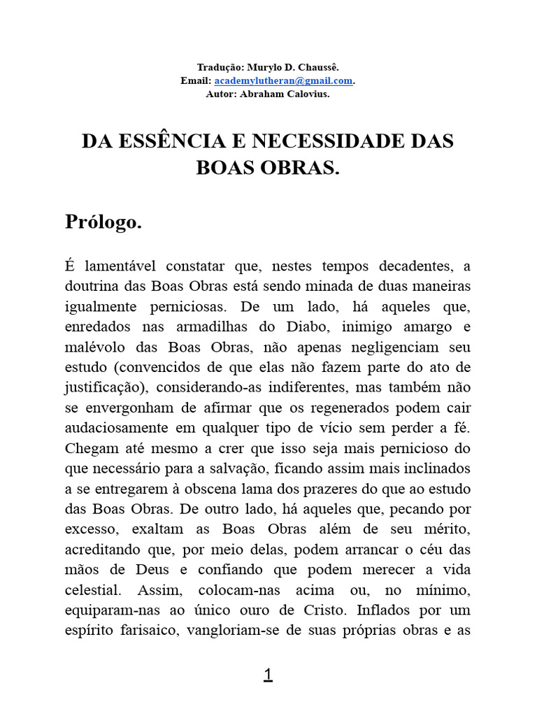 DA ESSÊNCIA E NECESSIDADE DAS BOAS OBRAS - Calov | PDF | Justificação ...