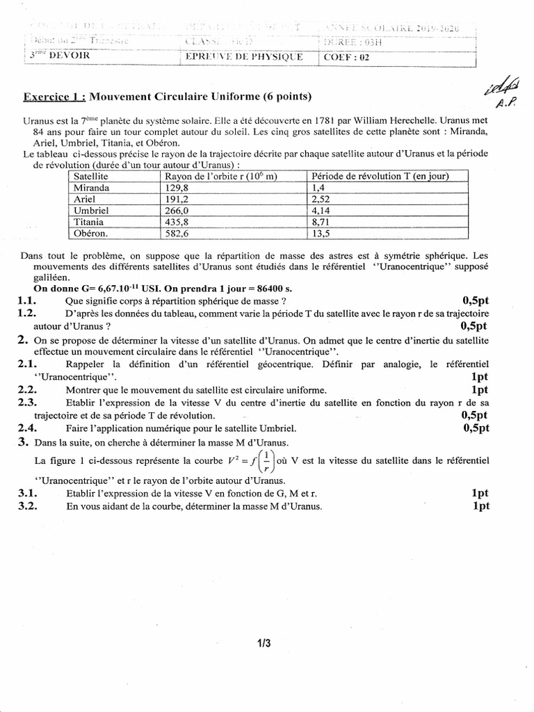 Physique TleD Eval3 College Retraite 2019 2020 | PDF