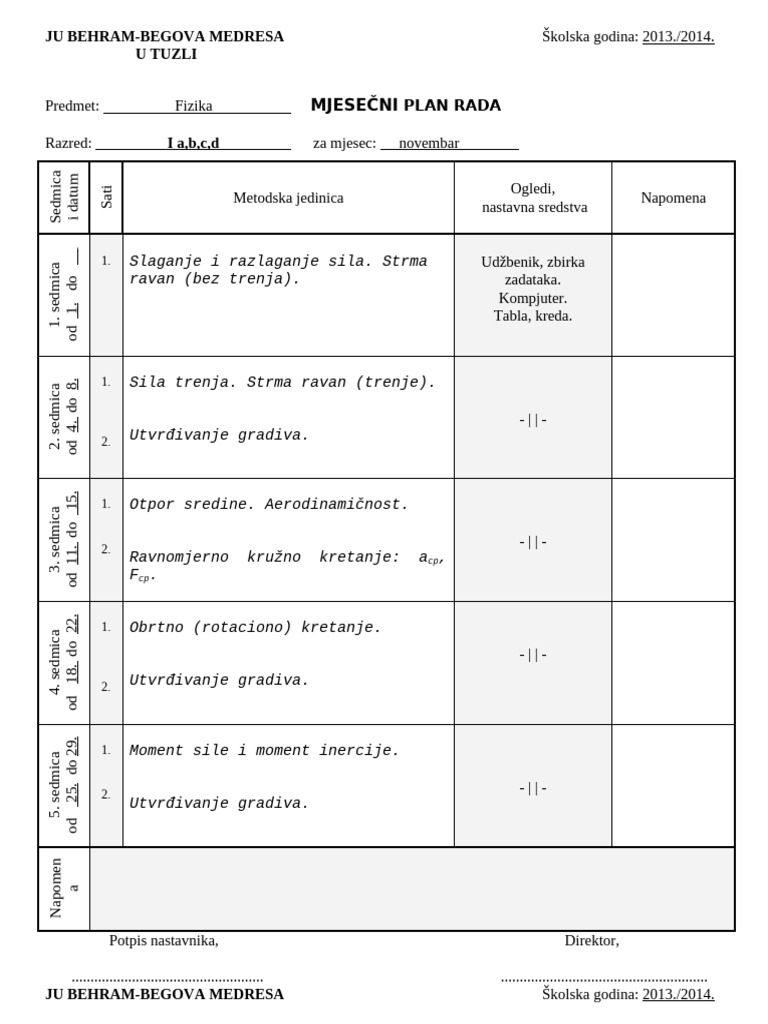 Mjesečni Plan Rada (Novembar) | PDF