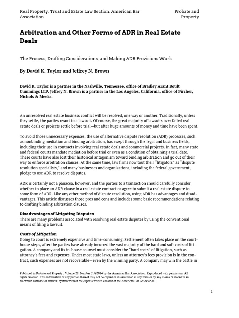 Arbitration and Other Forms of ADR in Real Estate | PDF | Alternative ...