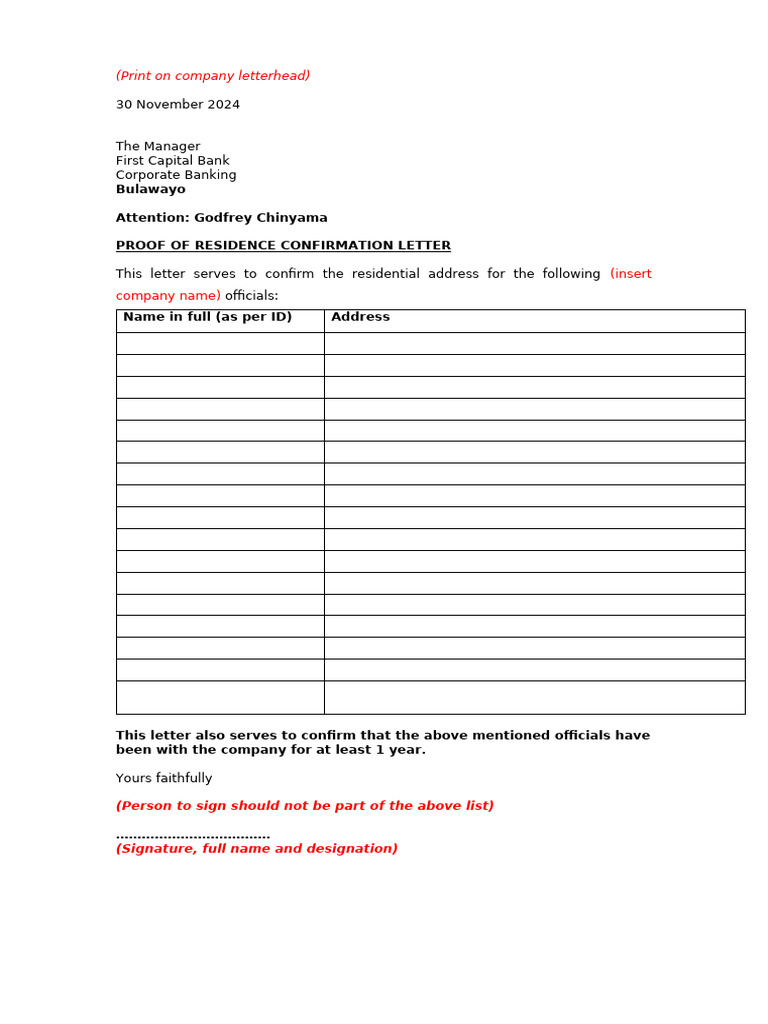 Proof of Residence Letter | PDF