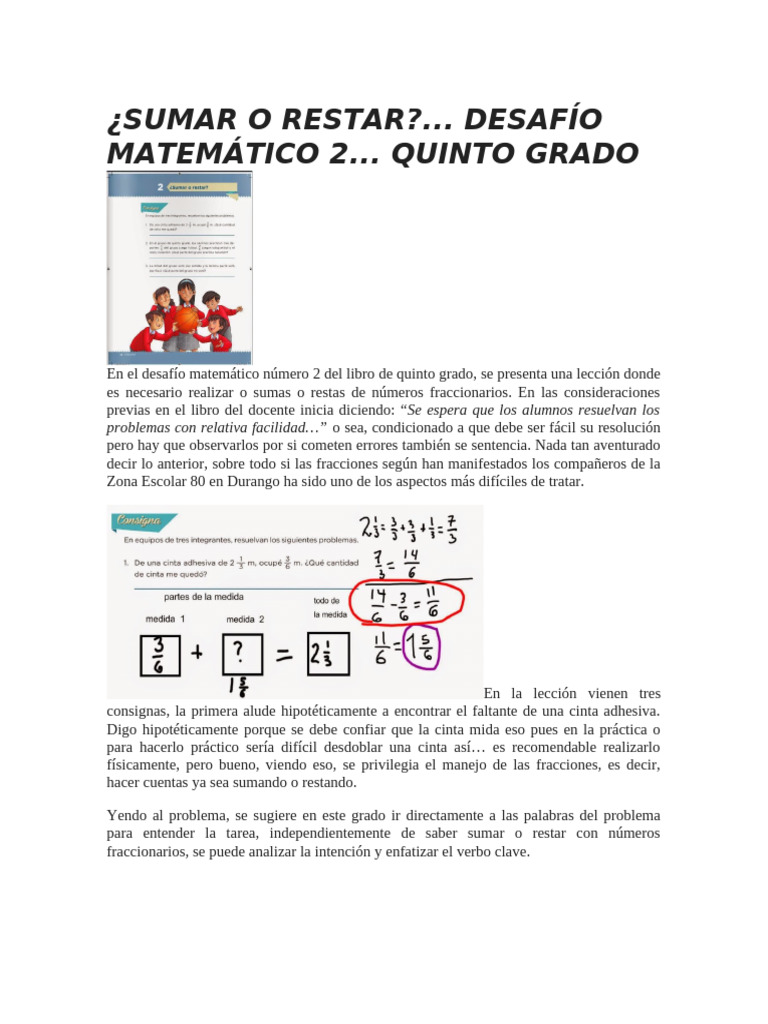 ¿Sumar O Restar?... Desafío Matemático 2... Quinto Grado | PDF