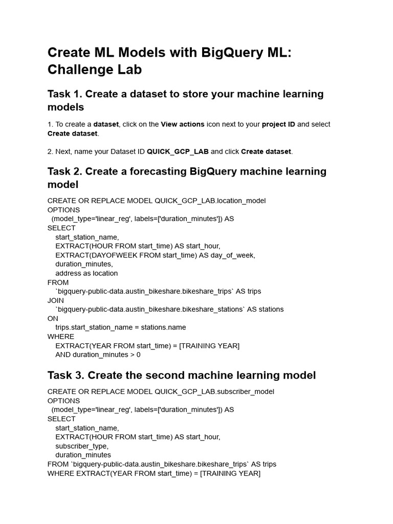 Create ML Models With BigQuery ML Challenge Lab | PDF | Machine Learning | Behavior Modification