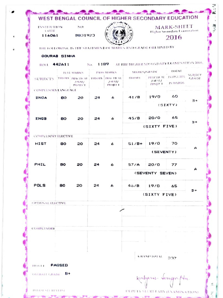 2016 Higher Secondary Mark Sheet | PDF