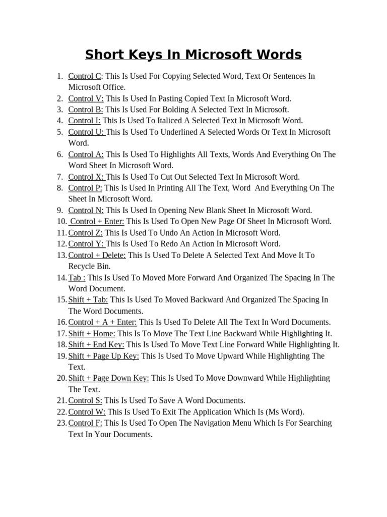 Short Keys in Microsoft Words | PDF