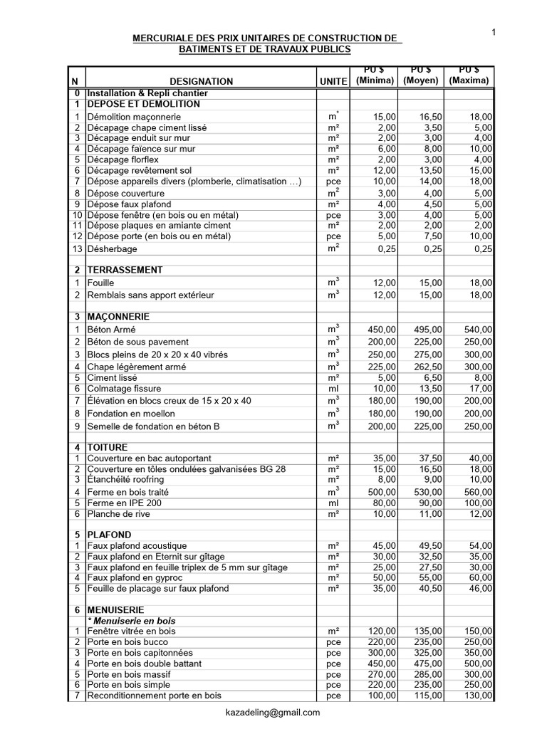 Mercuriale des Prix de Construction 2025 | PDF | Génie du bâtiment ...
