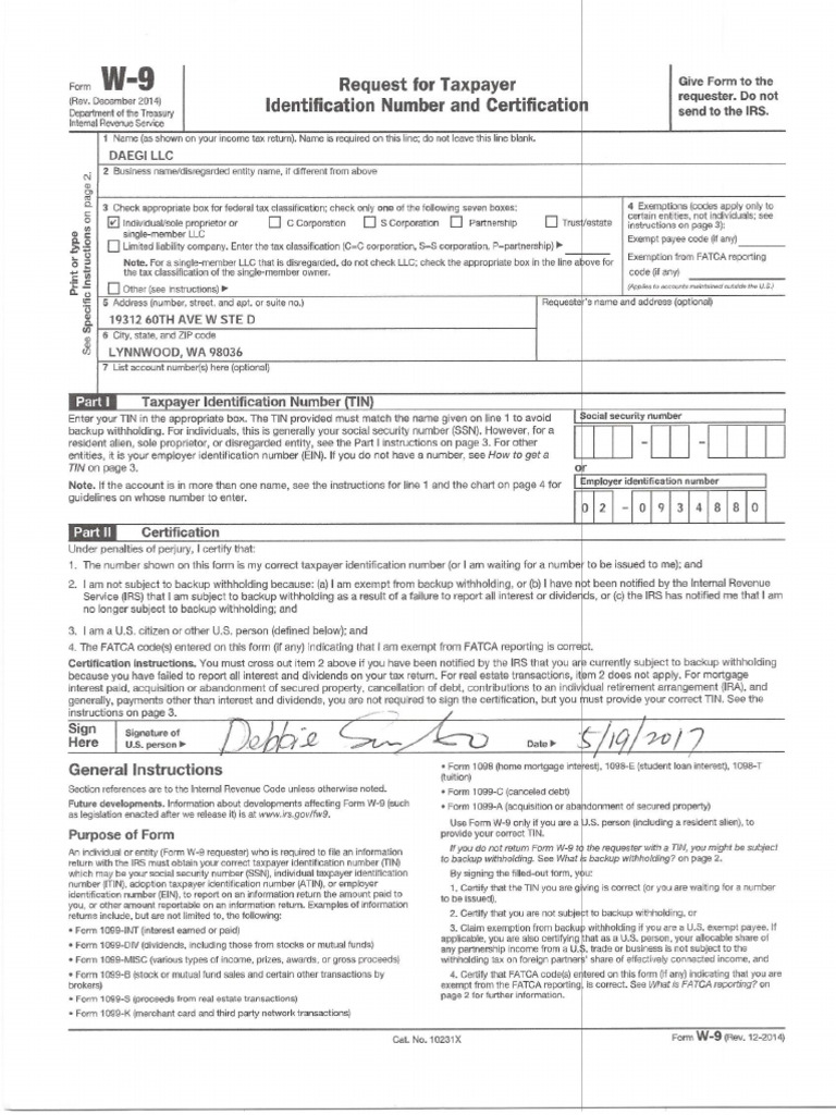 W-9 Form For Daegi LLC | PDF