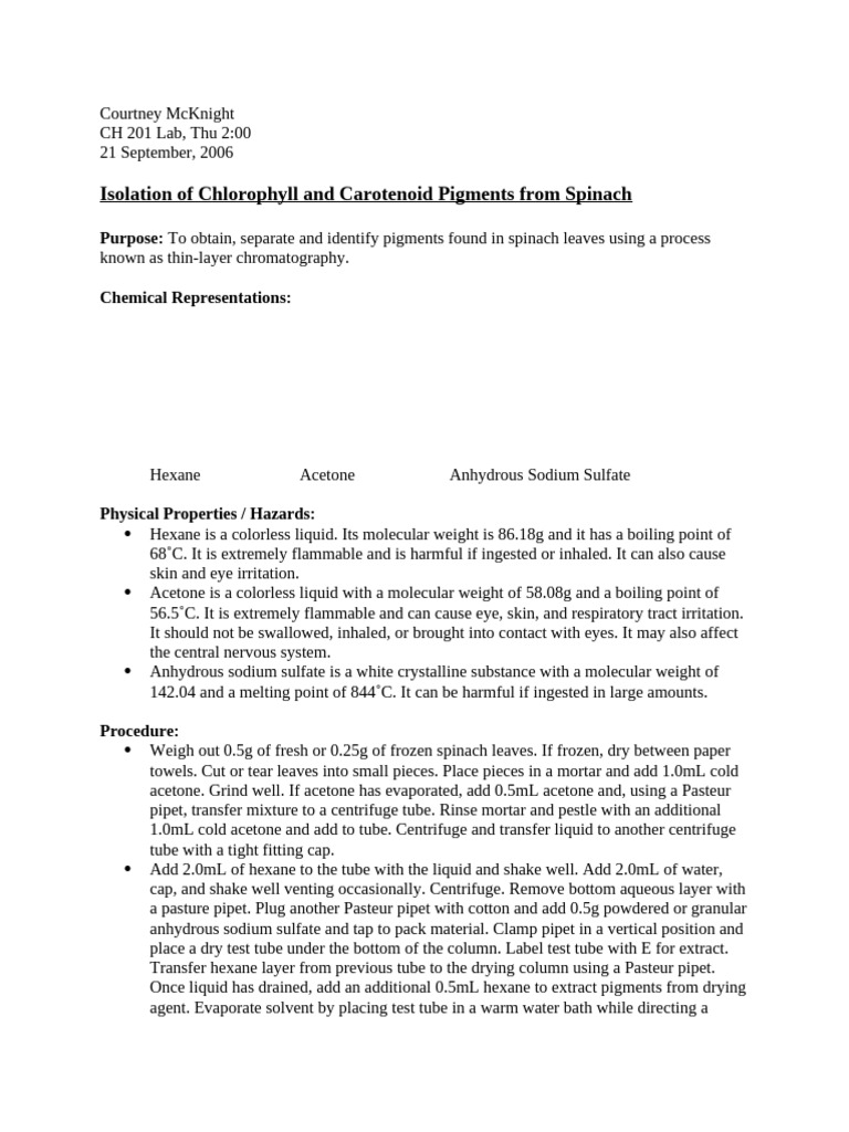 Chlorophyll and Carotenoid Isolation Guide | PDF | Thin Layer ...