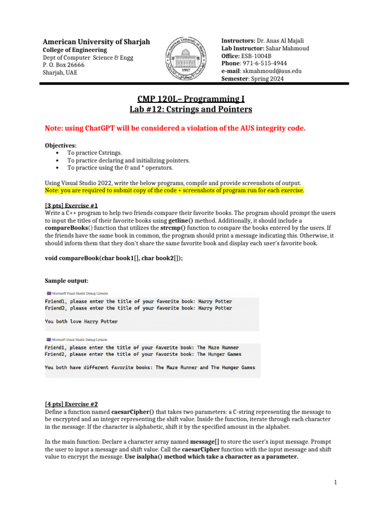 S24 Cmp120l Lab12 Cstring Pointer Pdf Pointer Computer Programming 3456