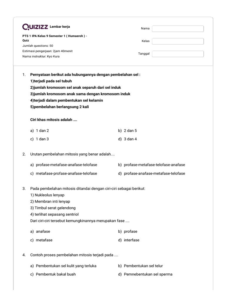 PTS 1 IPA Kelas 9 Semester 1 (Humaeroh) - Quiz - Quizizz | PDF