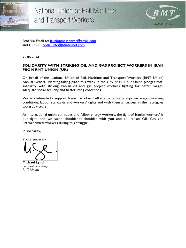 RMT Solidarity Message Iranian Oil and Gas Workers 26.06.2024 | PDF