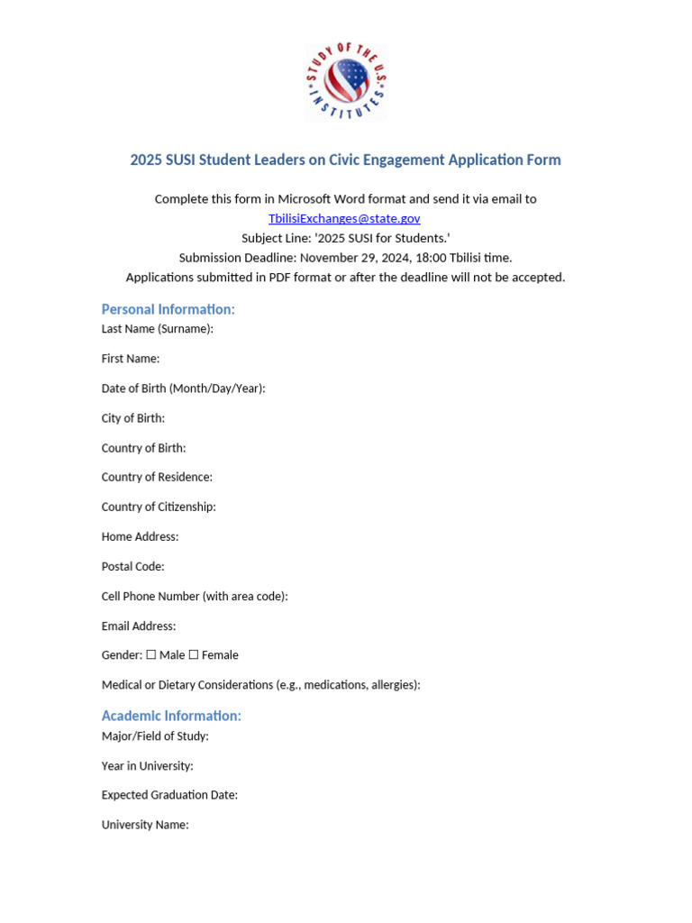 2025 SUSI Student Leaders Application Form | PDF