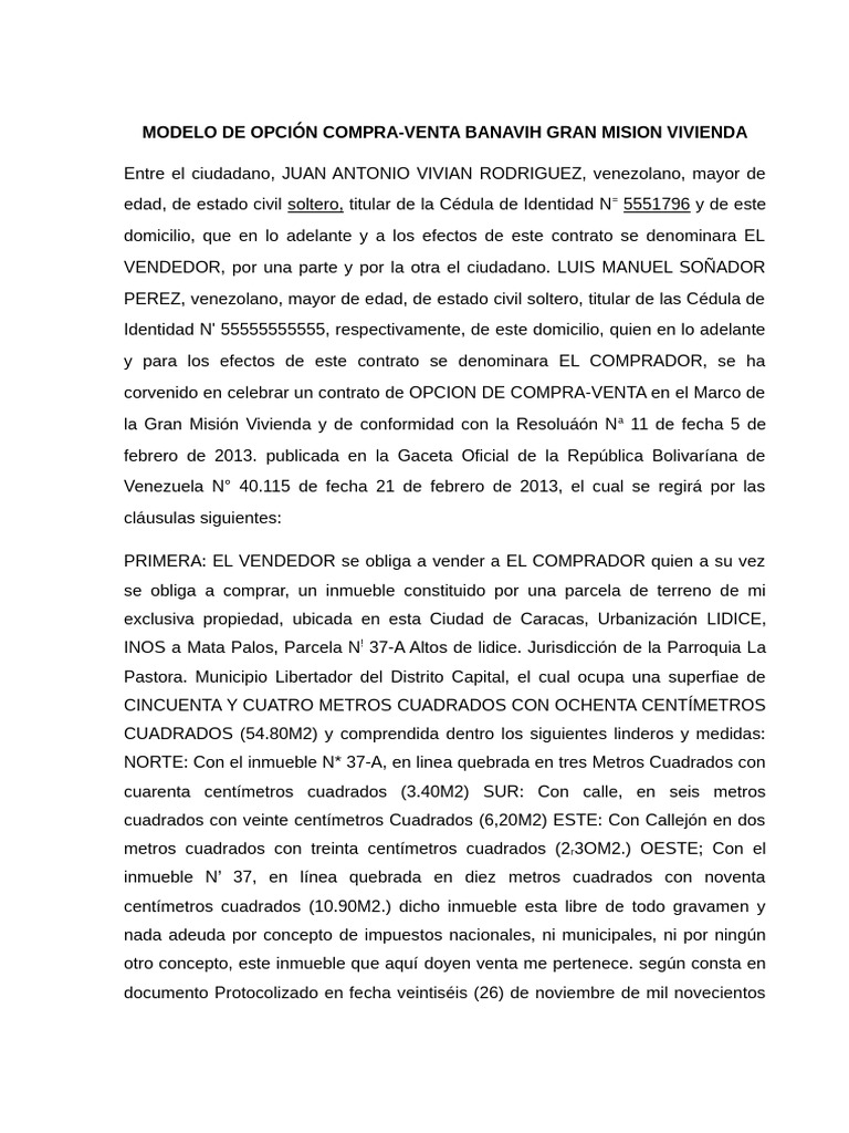 Modelo de Opción Compra-Venta Banavih Gran Mision Vivienda | PDF