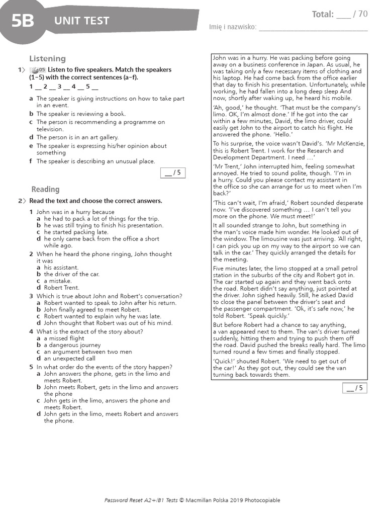 Password Reset A2+ B1 UT 5B | PDF