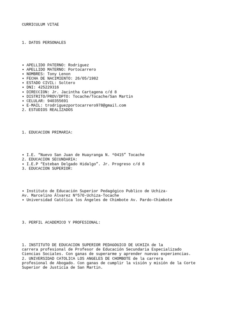 CV - Tony Lenon Roddriguez Portocarrero | PDF