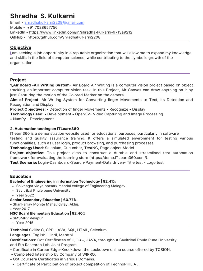 ShradhaK Resume | PDF | Computing