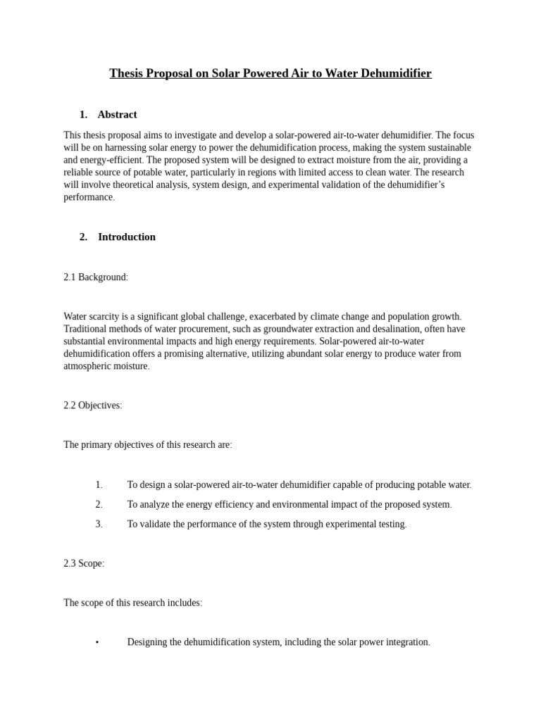 Thesis Proposal On Solar Powered Air To Water Dehumidifier | PDF ...