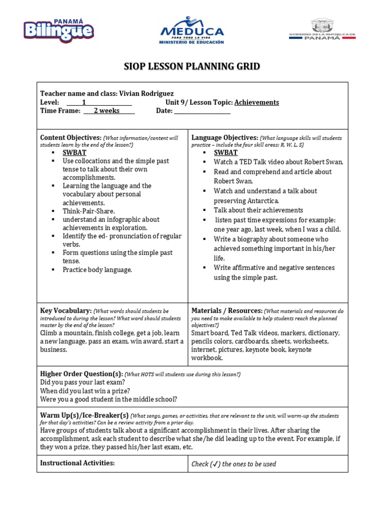 SIOP Lesson Plan 9 | PDF | Educational Assessment | Cognition