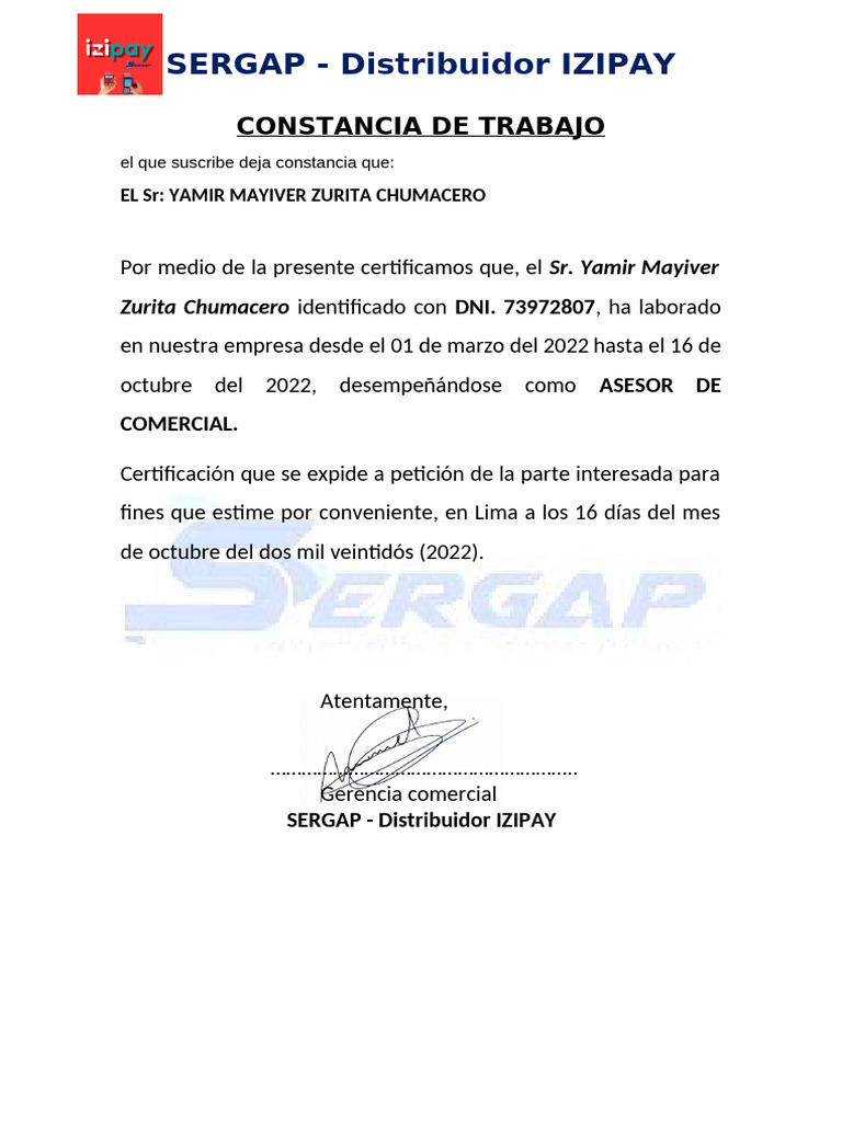 CONSTANCIA DE TRABAJO Yamir | PDF